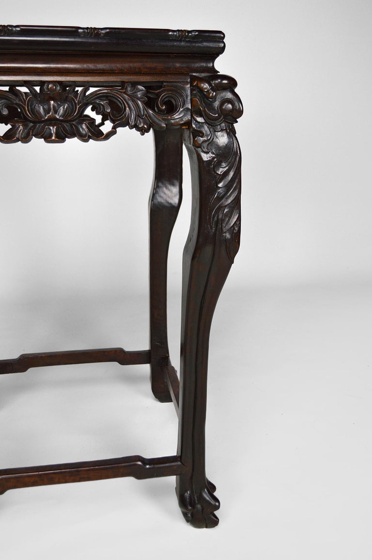 Asian Carved Pedestal Table with Marble Top, Dragons and Flowers, circa ...
