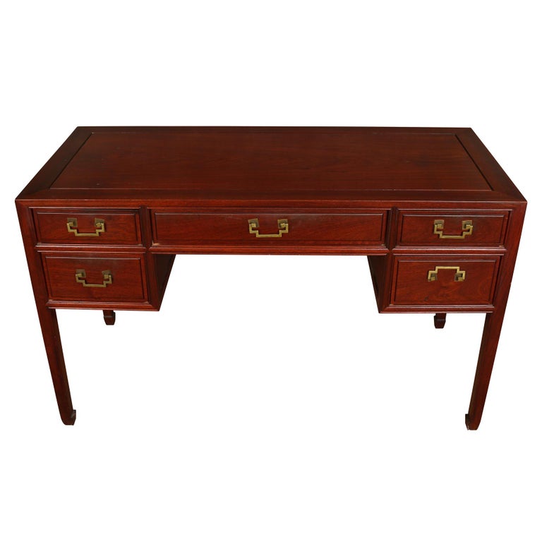 Asian Cherry Wood Five Drawer Desk with Brass Hardware For Sale at 1stDibs