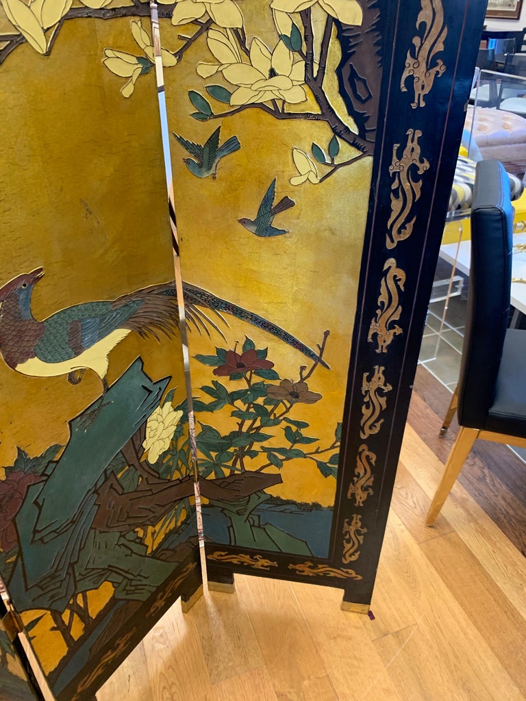 Asian Chinoiserie Four Panel Gold Leaf and Black Laquer Screen Room ...