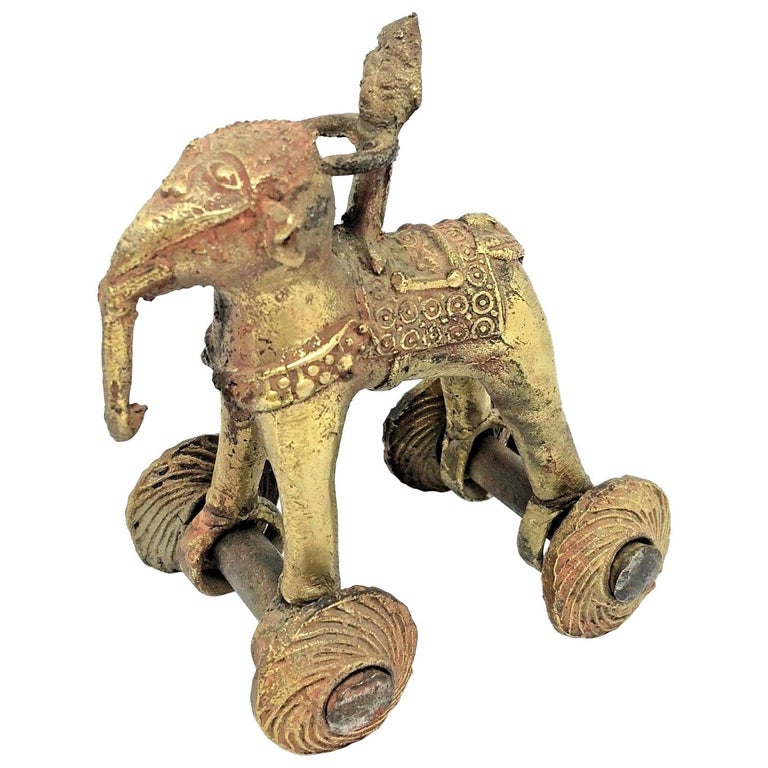 Asian Elephant Bronze Brass Figure on Wheels For Sale at 1stDibs