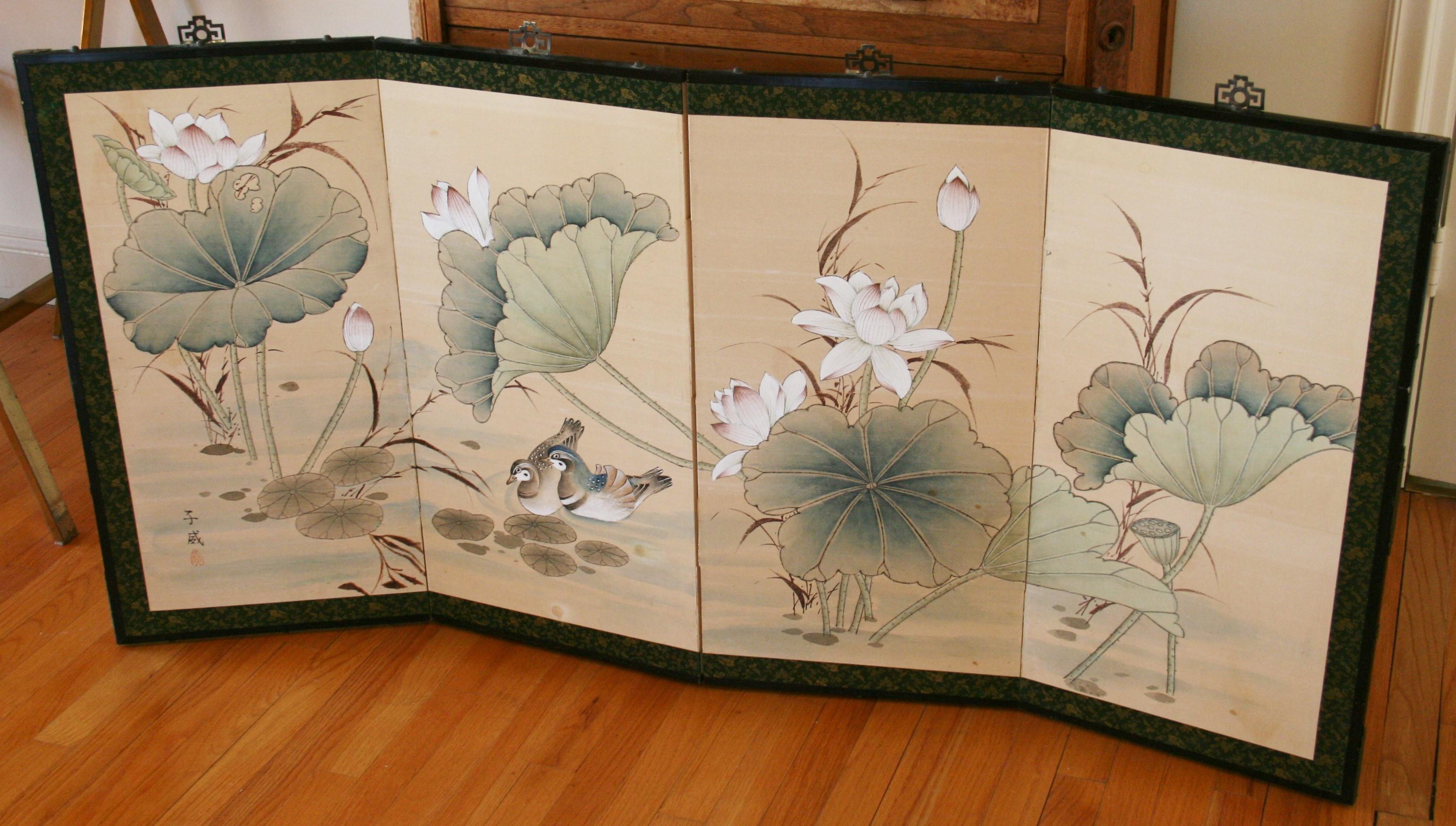 Japanese Asian Four Panel Hand Painted Screen at 1stDibs