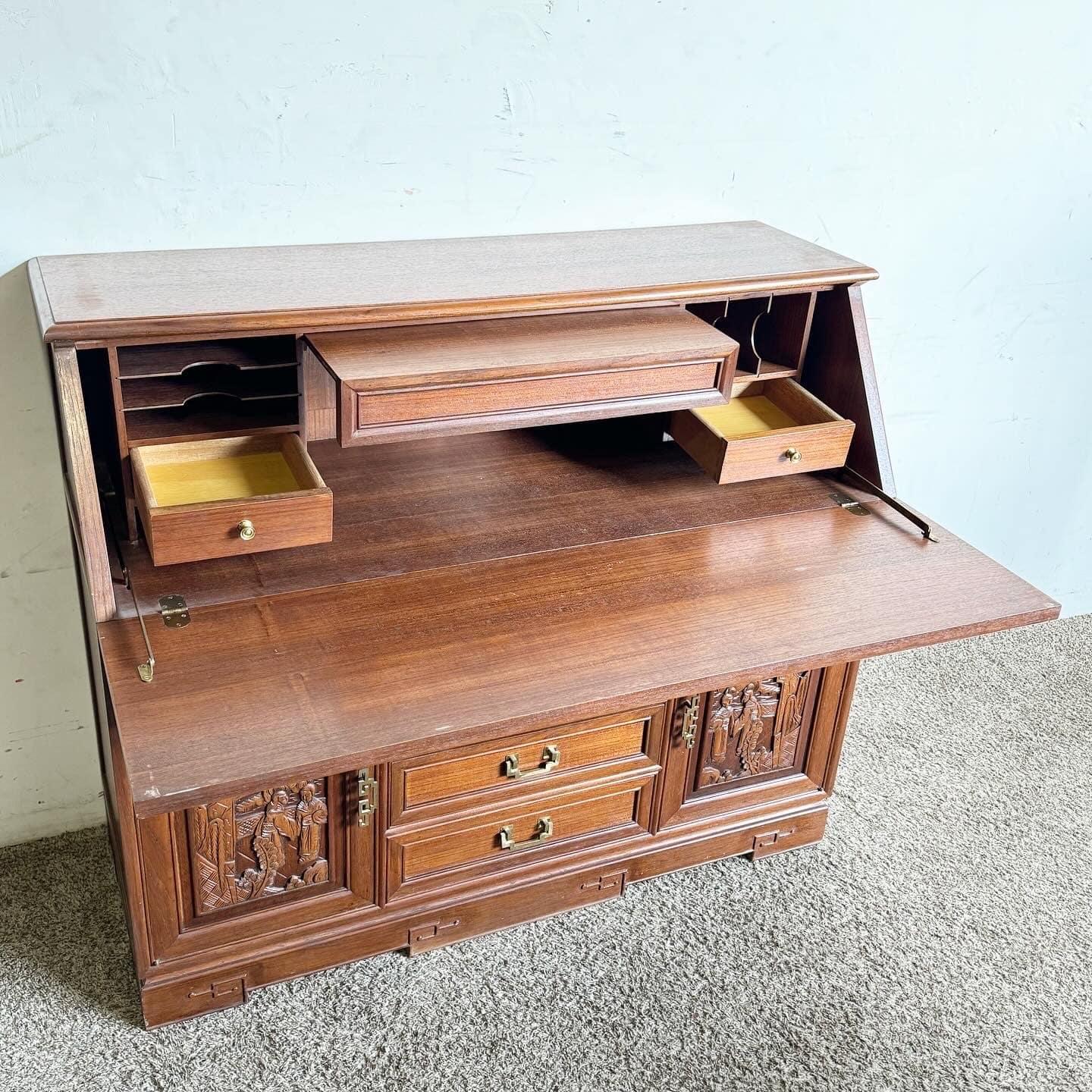 Asian Hand Carved Wooden Secretary Desk For Sale at 1stDibs