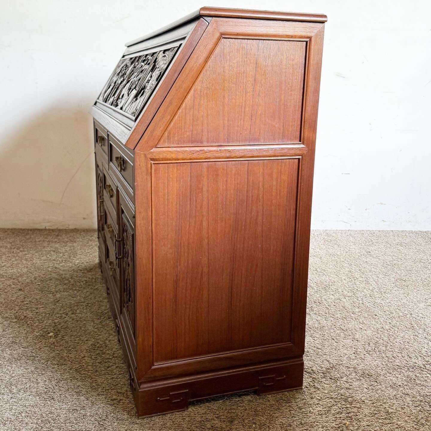 Asian Hand Carved Wooden Secretary Desk For Sale at 1stDibs
