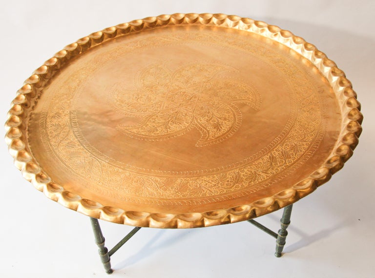 Asian Large Brass Tray Table on Folding Stand at 1stDibs