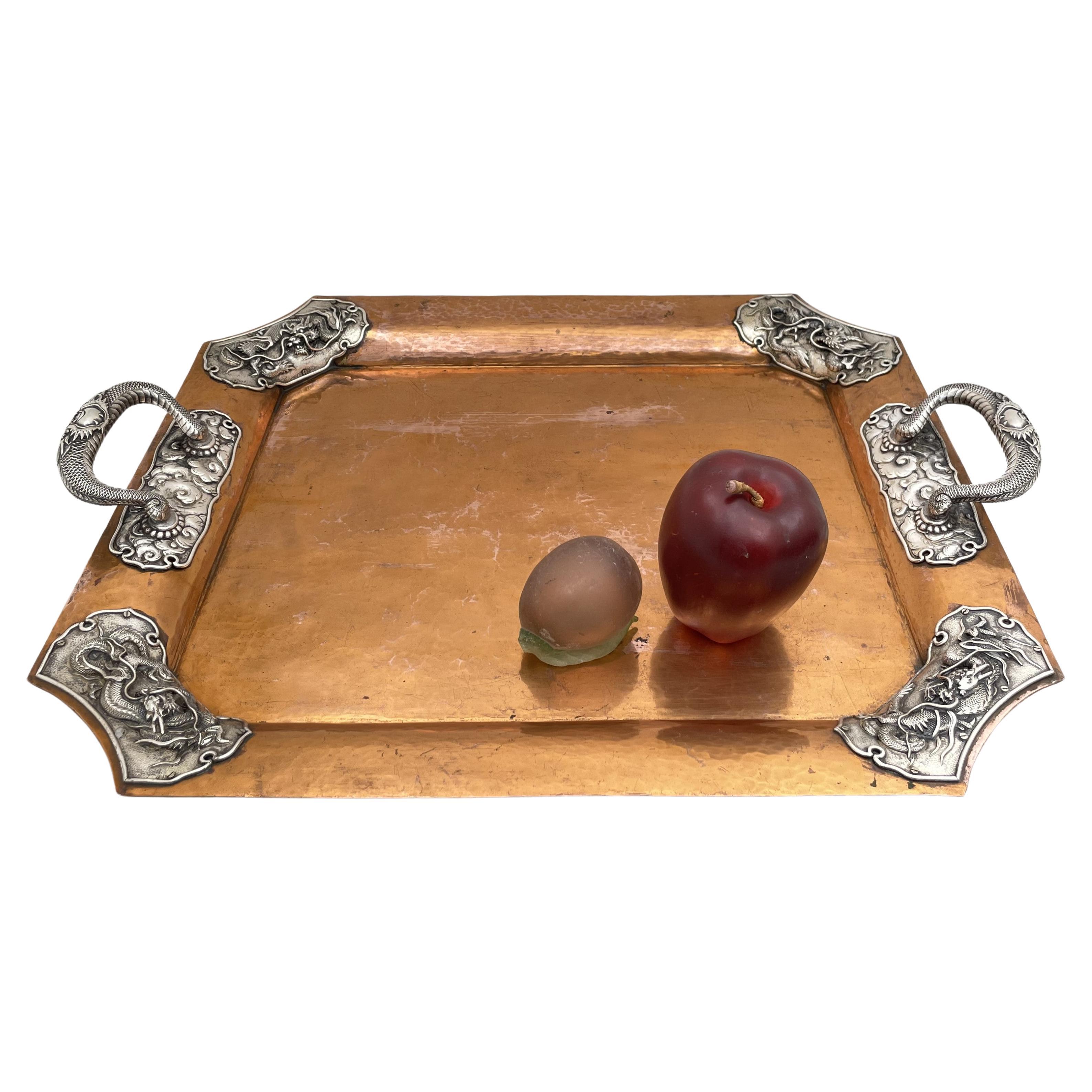 Asian Mixed Metal Silver on Copper Tray with Dragon Motifs For Sale at ...
