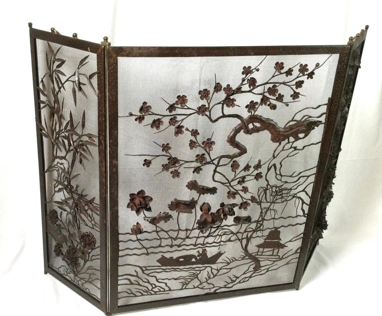 Asian Mixed Metal Three Paneled Fire Screen at 1stDibs