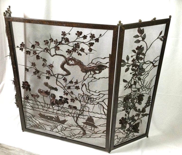 Asian Mixed Metal Three Paneled Fire Screen at 1stDibs