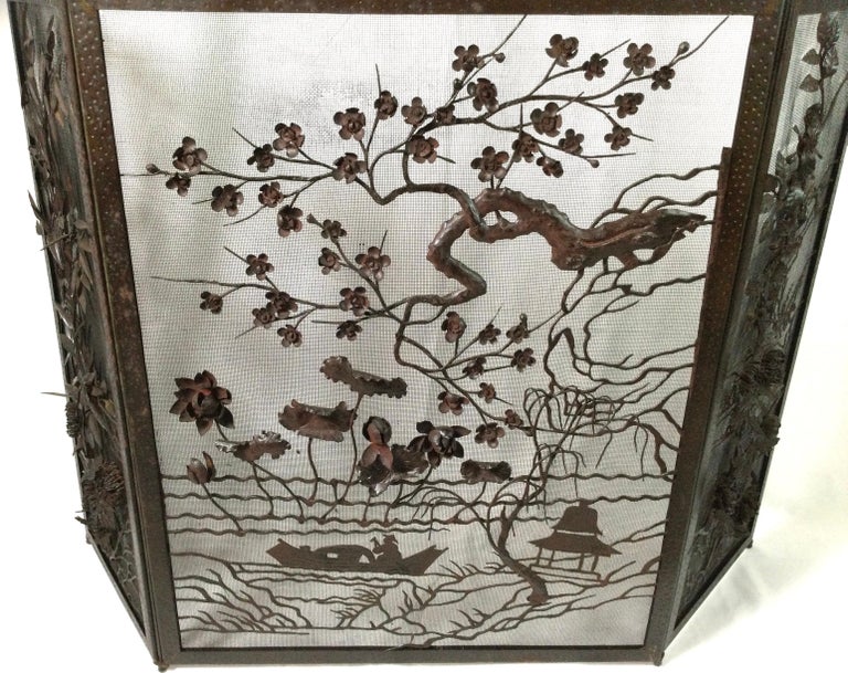 Asian Mixed Metal Three Paneled Fire Screen at 1stDibs