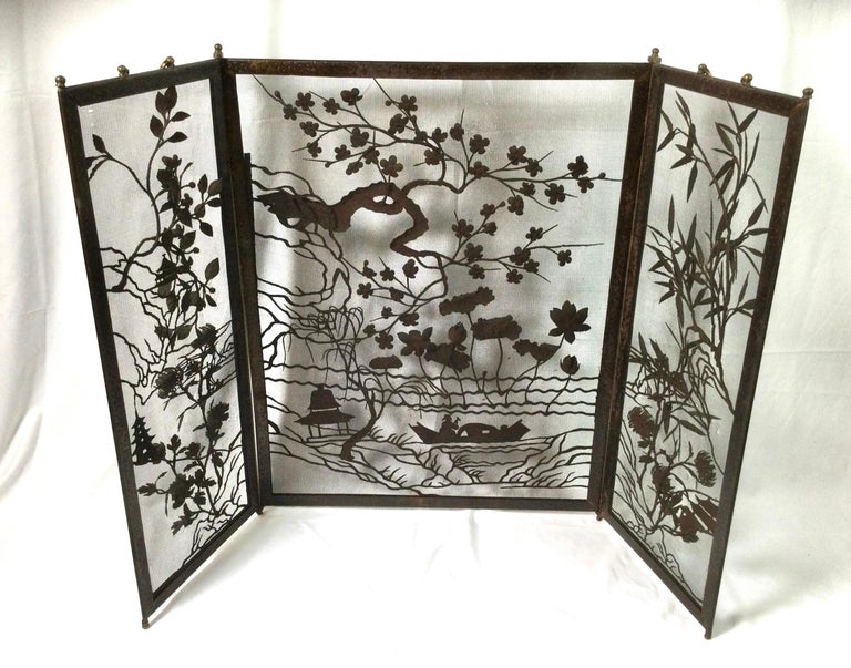 Asian Mixed Metal Three Paneled Fire Screen at 1stDibs