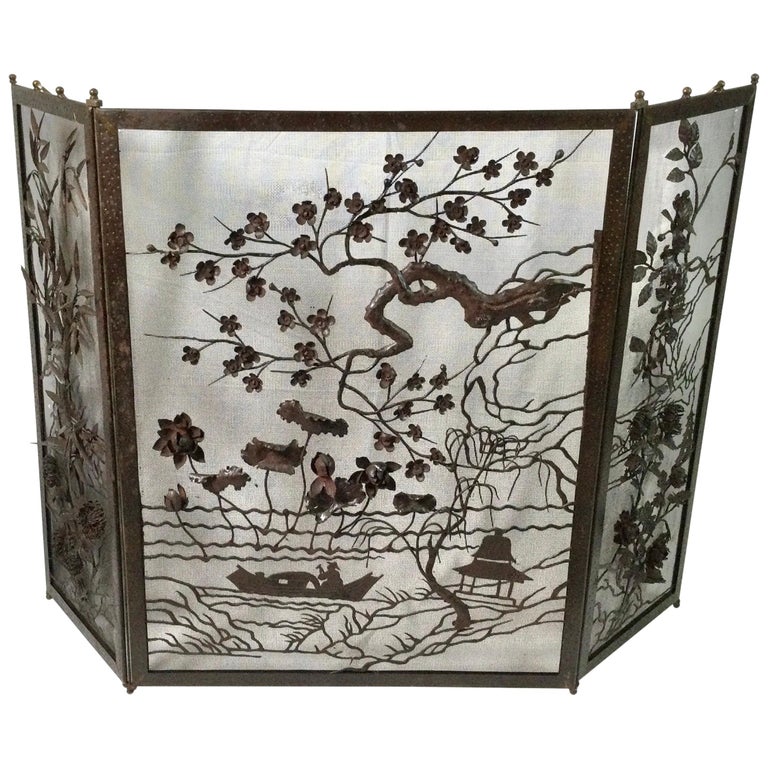 Asian Mixed Metal Three Paneled Fire Screen at 1stDibs