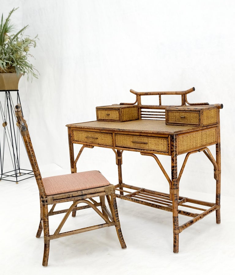 Asian Pagoda Style Burnt Bamboo Cane Desk and Chair MINT! For Sale at ...