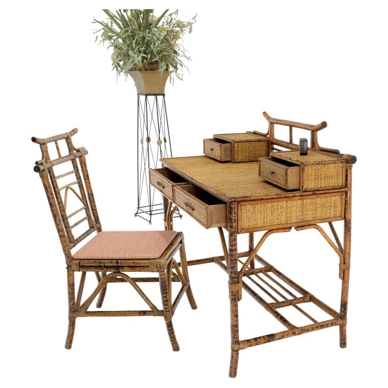 Asian Pagoda Style Burnt Bamboo Cane Desk and Chair MINT! For Sale at ...