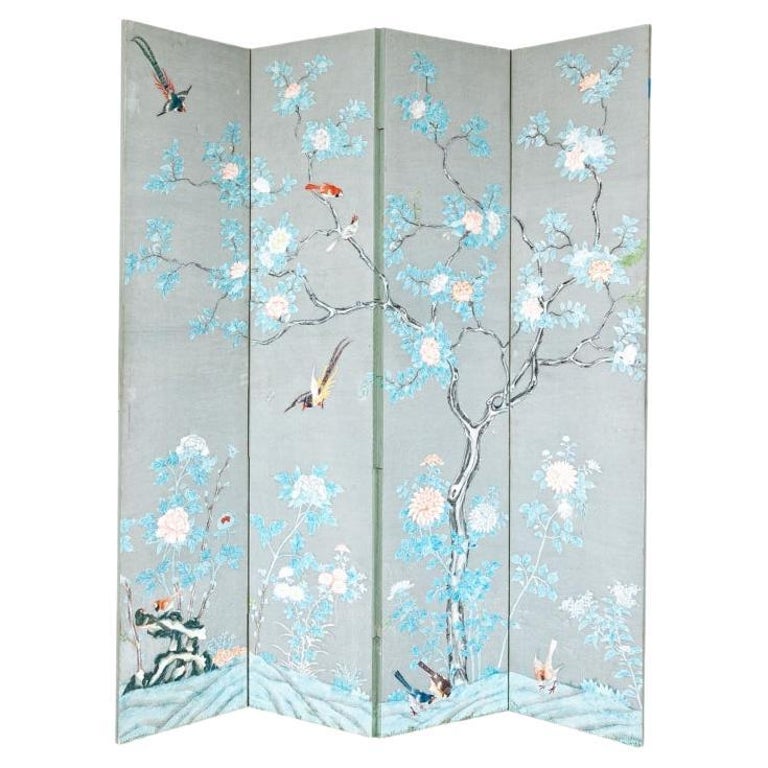 Asian Painted Four Panel Screen For Sale at 1stDibs