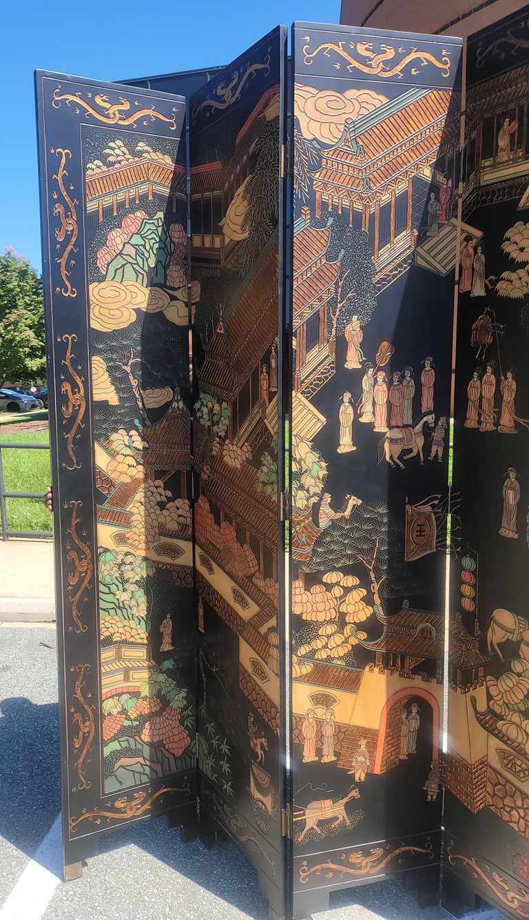 Asian Polychrome Coromandel Black Lacquer Enamel Eight-Panel Court ...