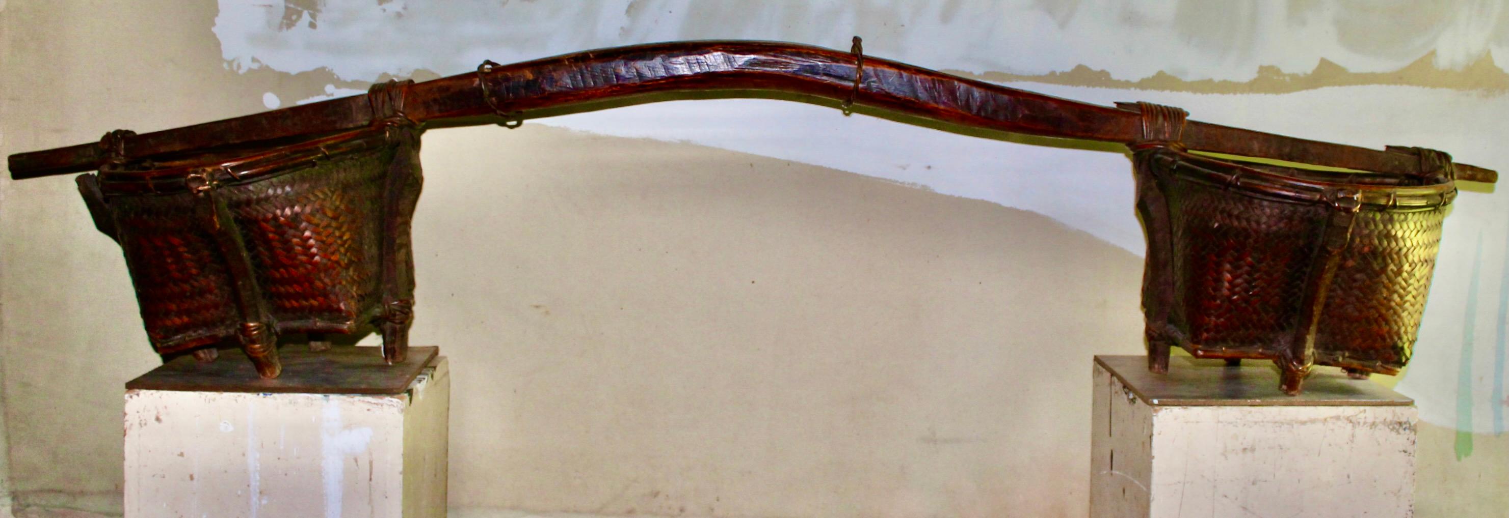 Asian Rice Harvesting Shoulder Yoke with Woven Baskets For Sale at 1stDibs