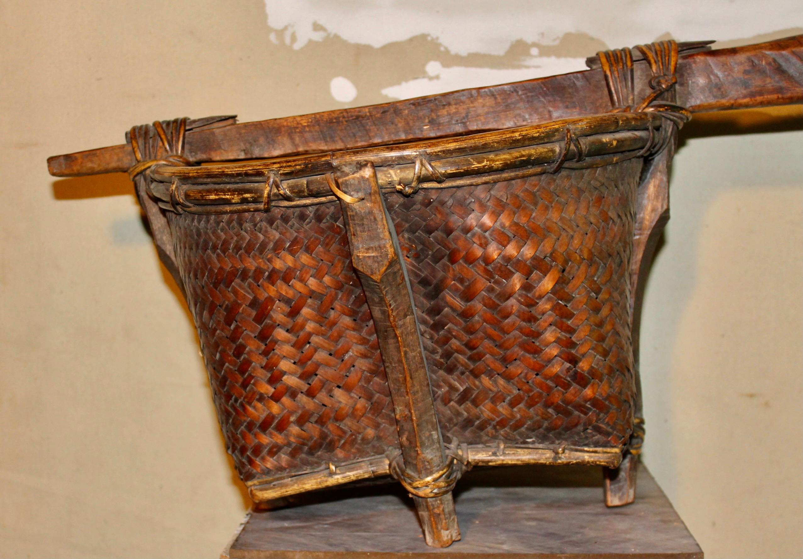 Asian Rice Harvesting Shoulder Yoke with Woven Baskets For Sale at 1stDibs