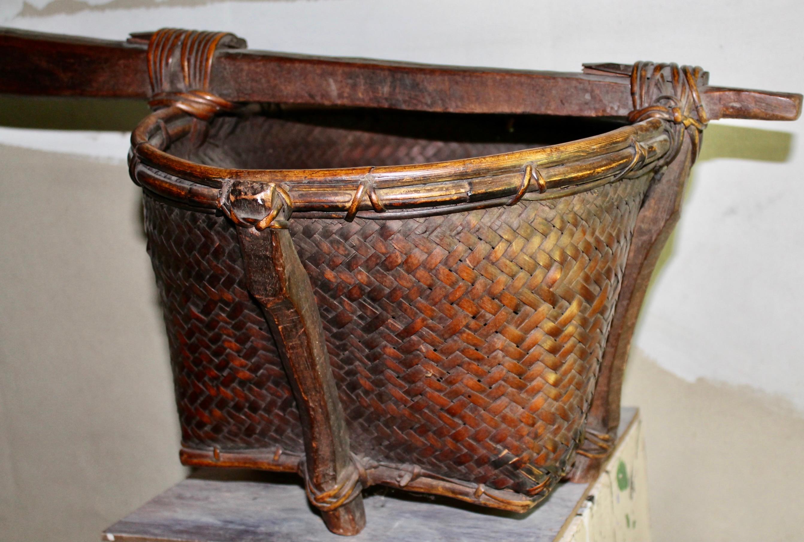 Asian Rice Harvesting Shoulder Yoke with Woven Baskets For Sale at 1stDibs