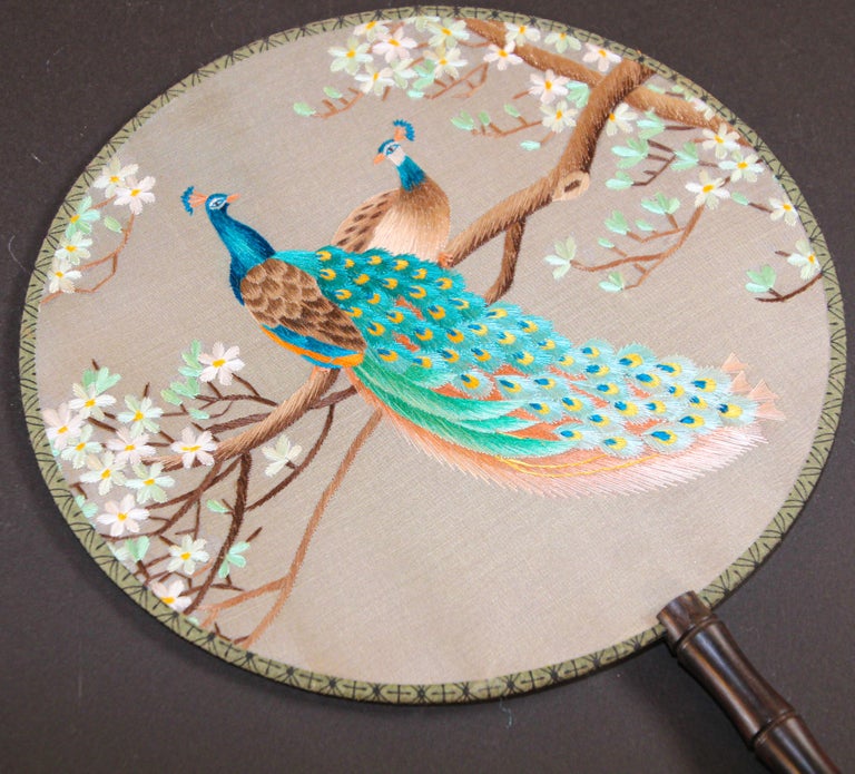 Asian Silk Round Paddle Hand Fan with Peacocks Embroidered at 1stDibs