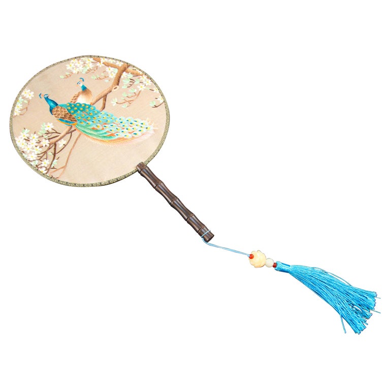 Asian Silk Round Paddle Hand Fan with Peacocks Embroidered at 1stDibs