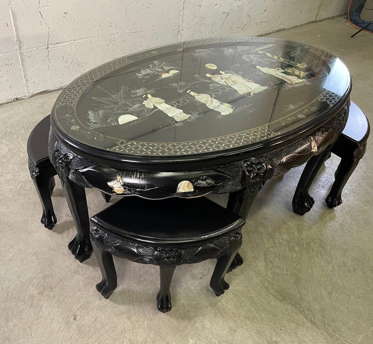Asian Style Black Lacquered Coffee Table with 4 Stools For Sale at ...