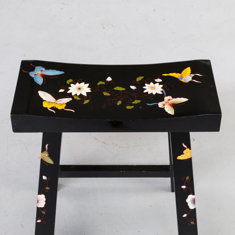 Asian Style Black Lacquered Hand Painted Stool with Butterfly For Sale ...