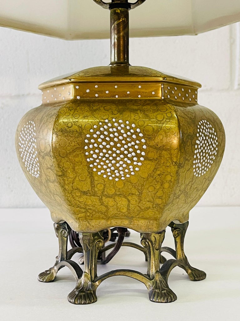 Asian Style Brass Claw Foot Table Lamp and Shade For Sale at 1stDibs