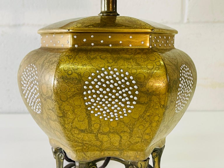 Asian Style Brass Claw Foot Table Lamp and Shade For Sale at 1stDibs