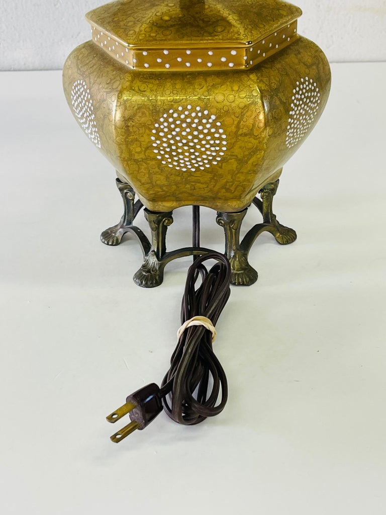 Asian Style Brass Claw Foot Table Lamp and Shade For Sale at 1stDibs