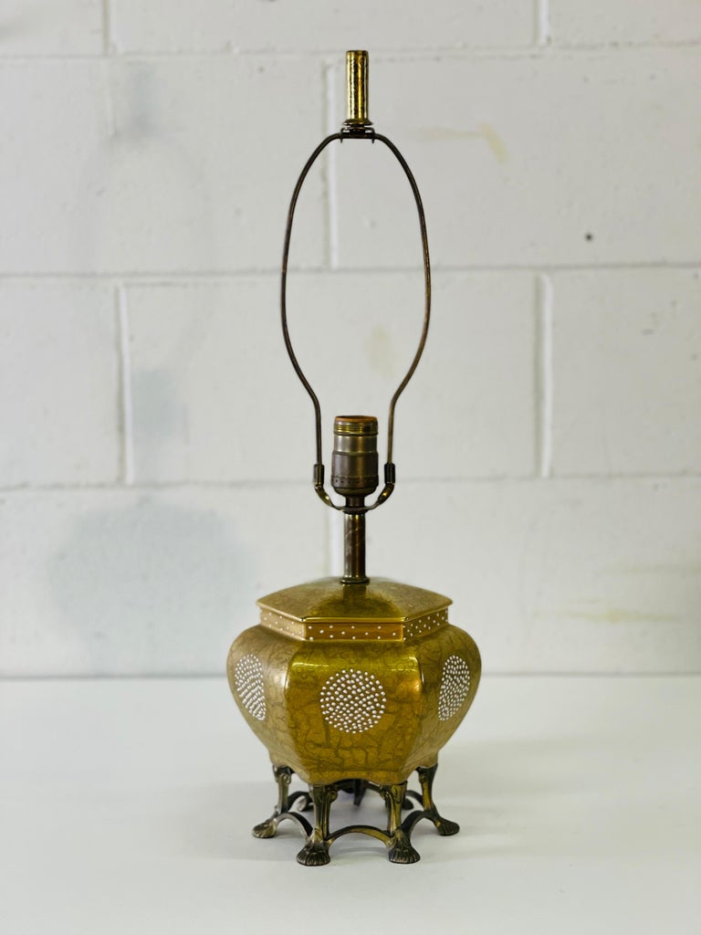 Asian Style Brass Claw Foot Table Lamp and Shade For Sale at 1stDibs