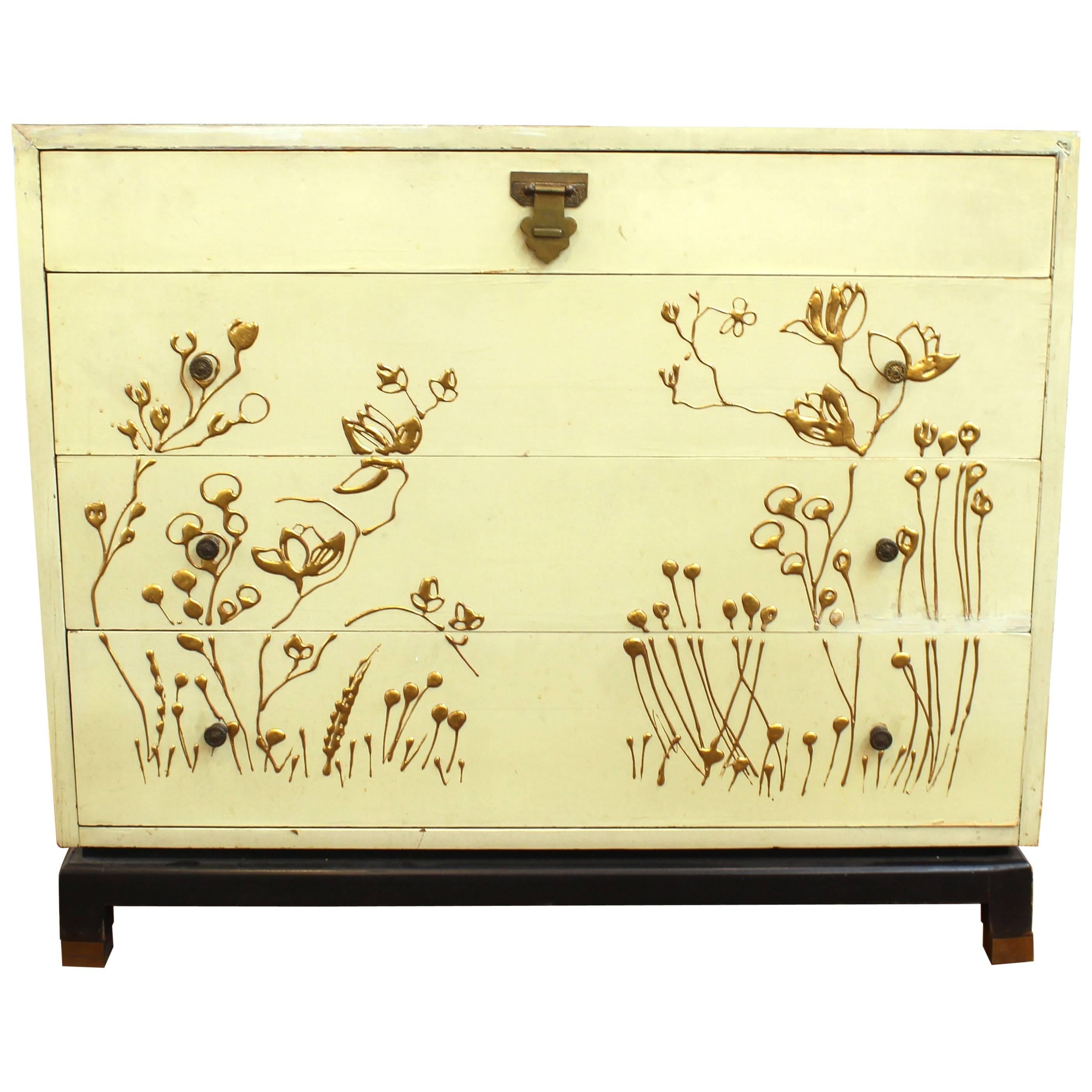 Whitewashed Antique Chest of Drawers with Hand-carved Leaf Motif at 1stDibs