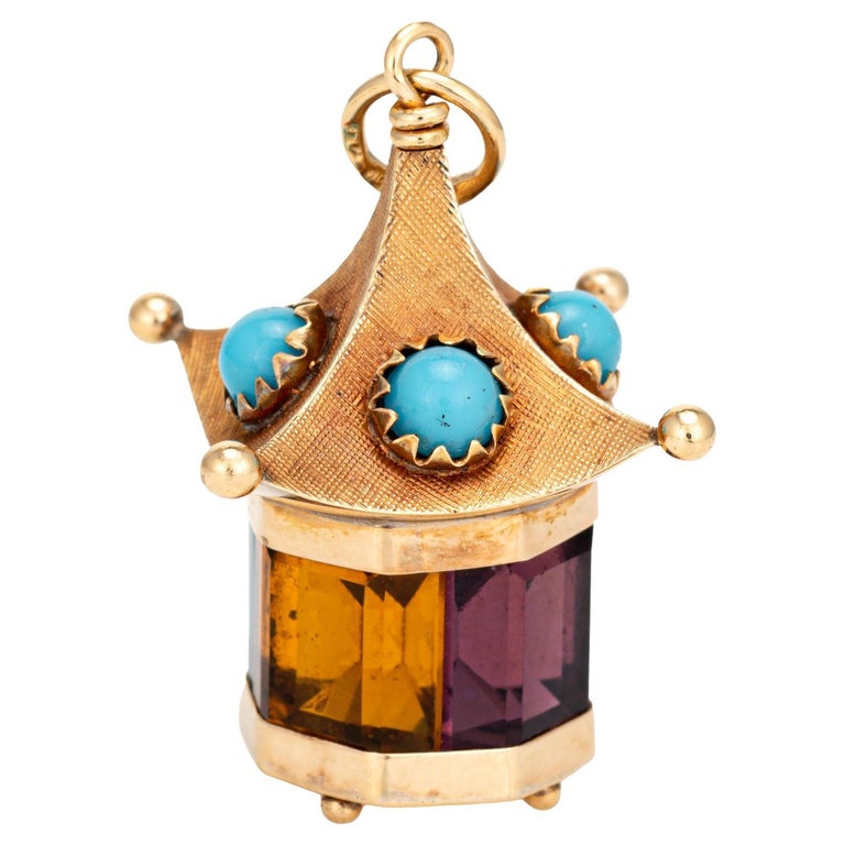 Asian Temple Charm Vintage 14k Yellow Gold Multi Gemstone Pendant Fine ...