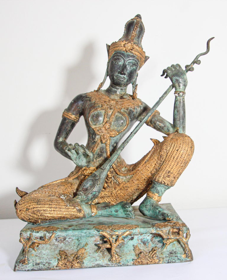 Asian Thai Gilt Vintage Bronze Statue of a Prince Playing Music For ...