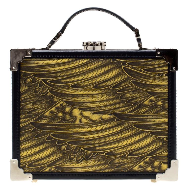 Aspinal of London Blue/Yellow Pegasus Wings Leather Mini Trunk Clutch ...