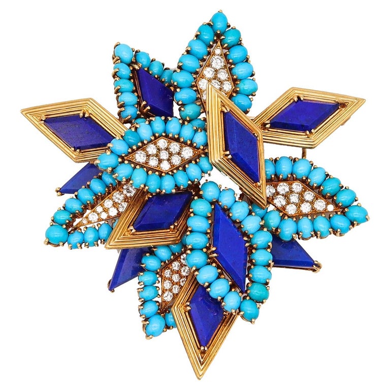 Asprey 1971 London Geometric Brooch 18kt Yellow Gold with 64.72 Cts in ...