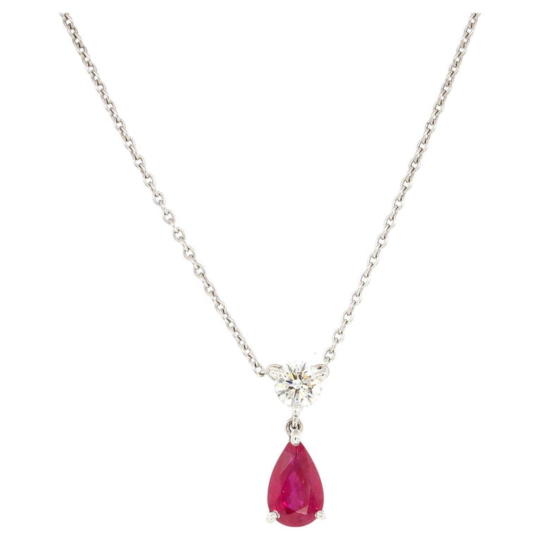 Asprey London Pear Shaped Ruby and Diamond Drop Pendant Necklace For Sale at 1stDibs