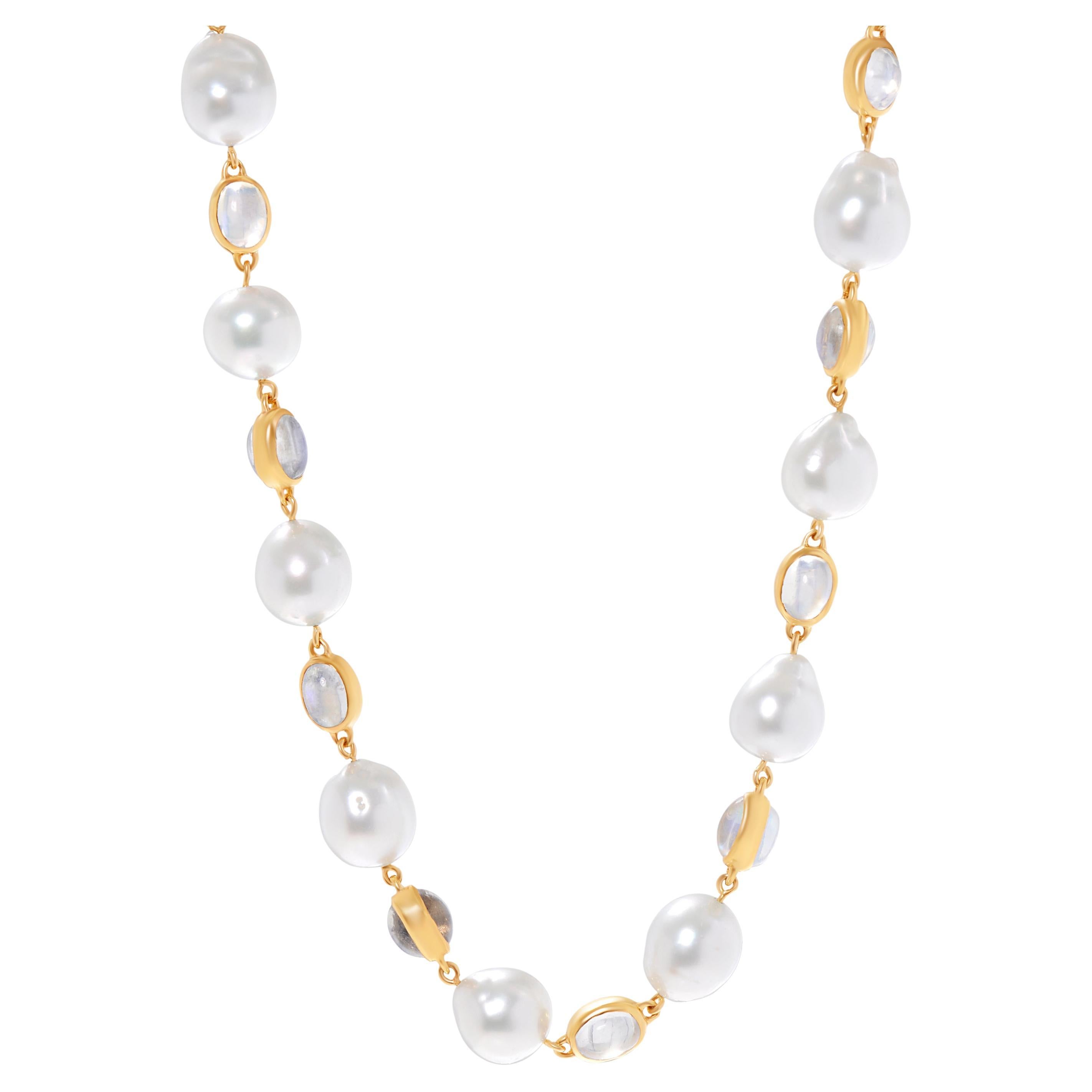Assael 18k Yellow Gold Pearl And Moonstone Strand Necklace For Sale At