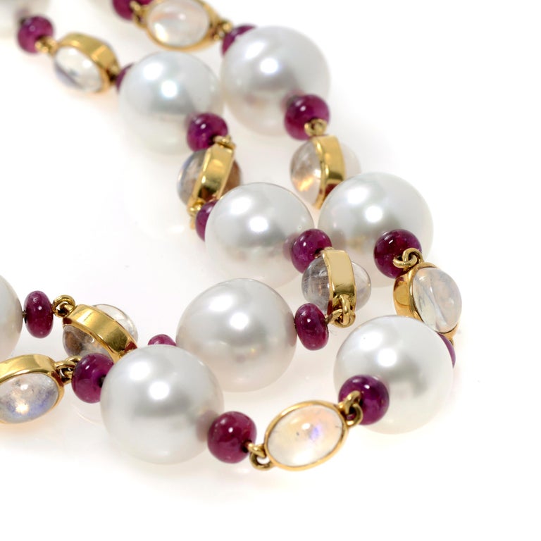 Assael 18k Yellow Gold, Pearl, Moonstone and Ruby Strand Necklace For ...