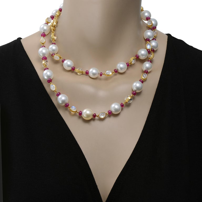 Assael 18k Yellow Gold, Pearl, Moonstone and Ruby Strand Necklace For ...