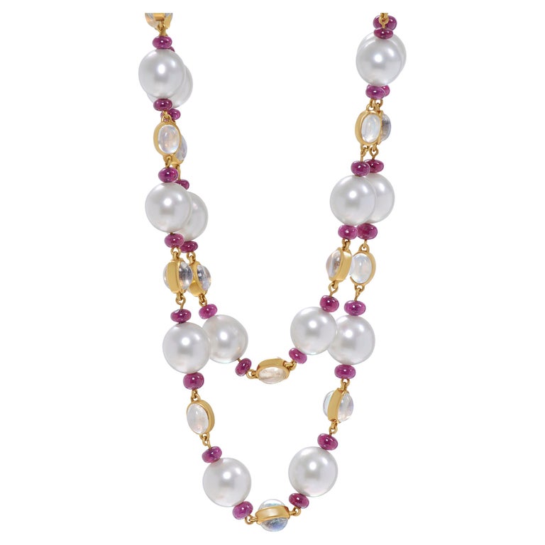 Assael 18k Yellow Gold, Pearl, Moonstone and Ruby Strand Necklace For ...