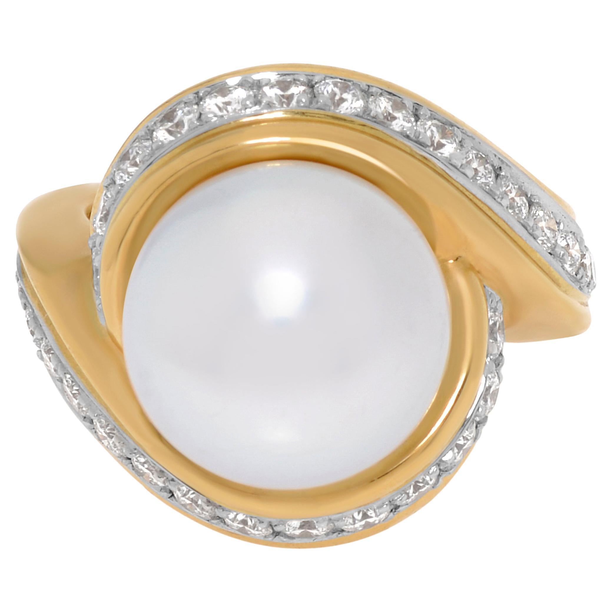 Angela Cummings Akoya Pearl Diamond Yellow Gold Ring at 1stDibs