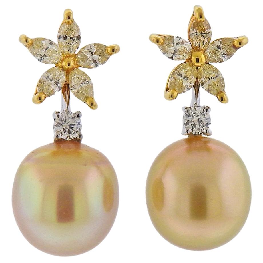Assael South Sea Pearl Moonstone Gold Flower Earrings For Sale at 1stDibs