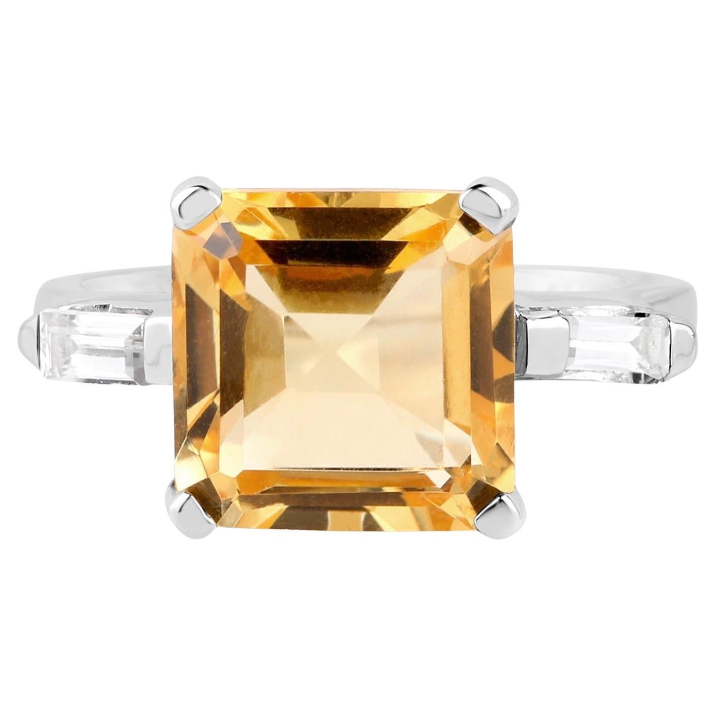 Asscher Cut Citrine Ring White Topaz 4.89 Carats For Sale at 1stDibs