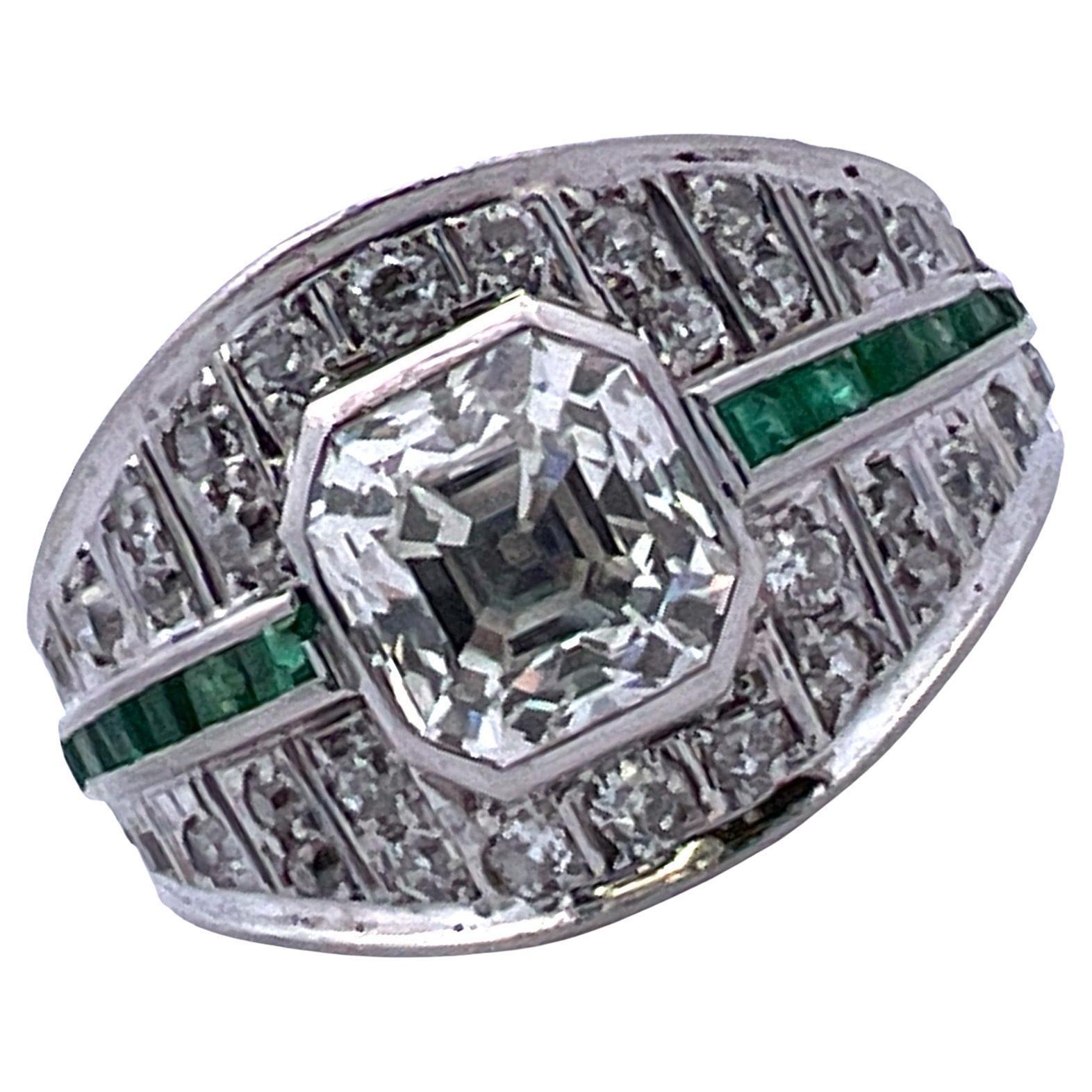 Art Deco 3.79 cts Asscher Cut Diamond, Emerald and Platinum Ring at 1stDibs