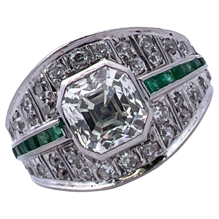 Asscher Cut Diamond Platinum Emerald Cocktail Engagement Art Deco Ring ...