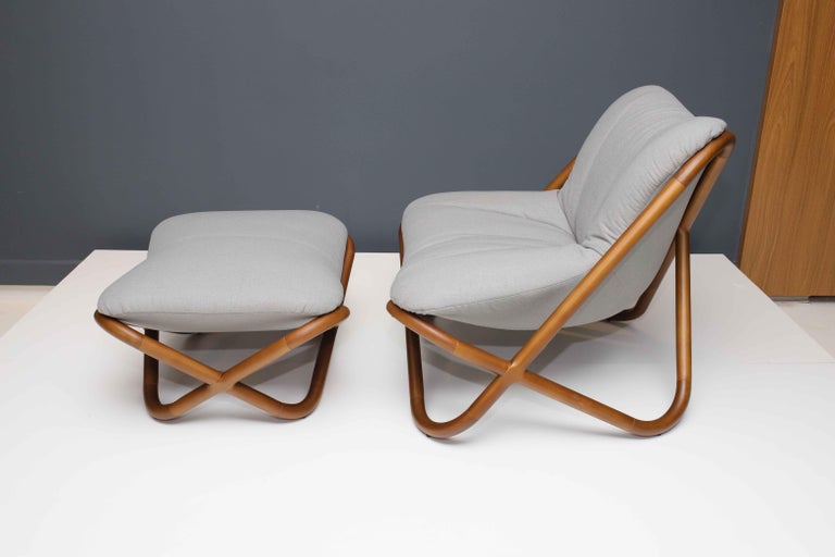 Astral Brazilian Contemporary Wood and Fabric Easychair and Pouf by Lattoog For Sale at 1stDibs