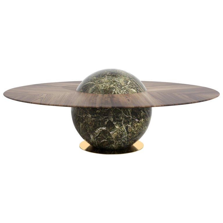 Astral Dining Table by Marc Ange with Green Marble Base and Solid Wood ...