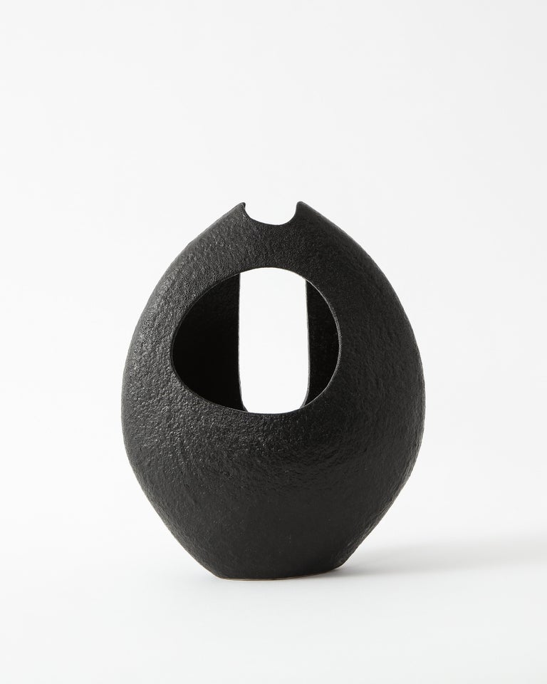 Asymmetrical Almond-Shaped Black Textured Japanese Ceramic Vessel at ...