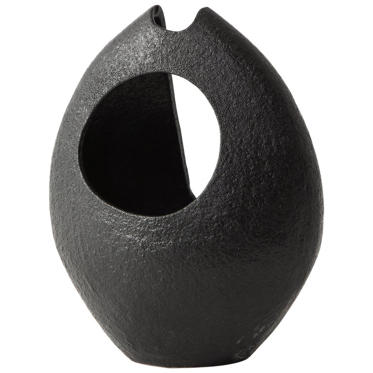 Asymmetrical Almond-Shaped Black Textured Japanese Ceramic Vessel at ...