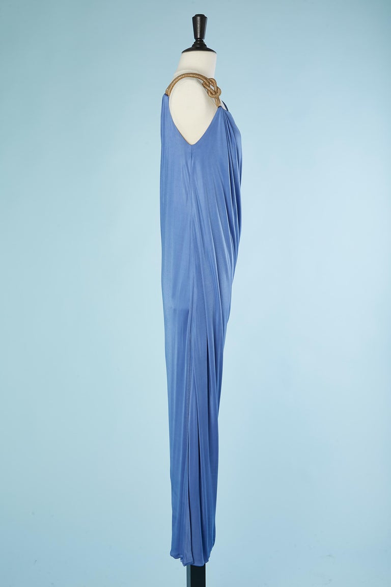 Asymmetrical blue rayon dress with gold shoulder strap passementerie ...