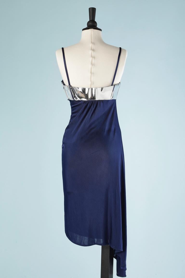 Asymmetrical cocktail dress in navy blue jersey and silver PVC bra ...